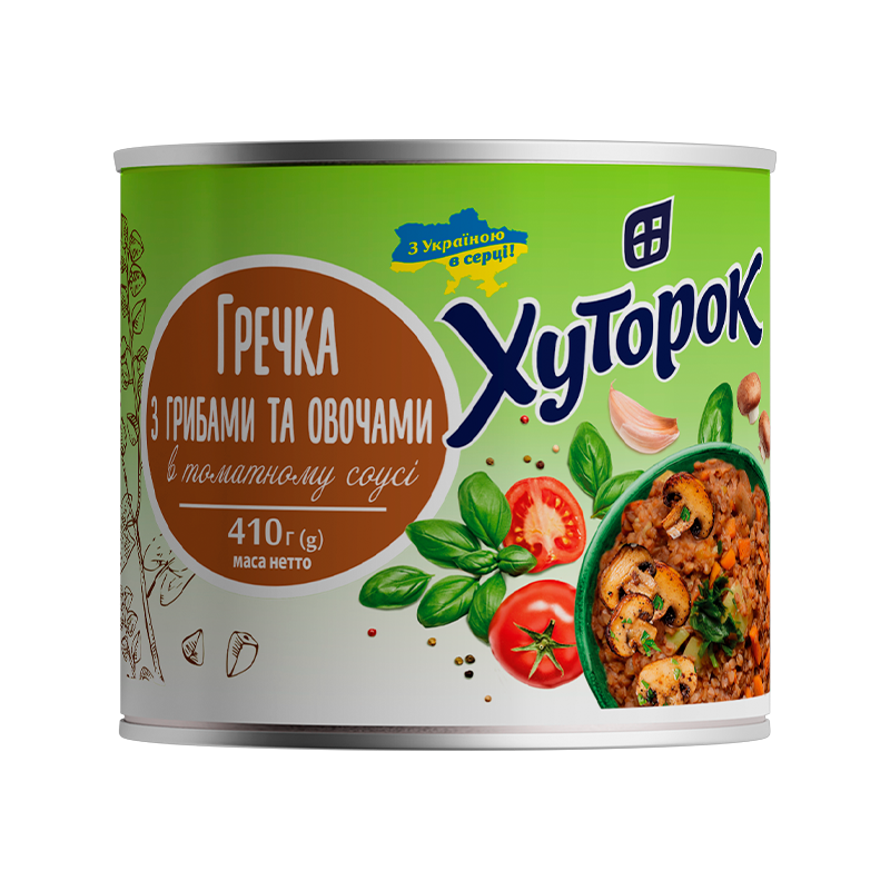 Гречка з грибами та овочами в томатному соусі у ж б ТМ Хуторок 380 г